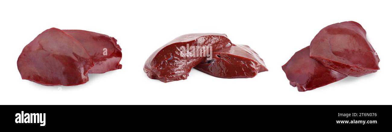 Pieces of raw beef liver isolated on white, different sides Stock Photo ...