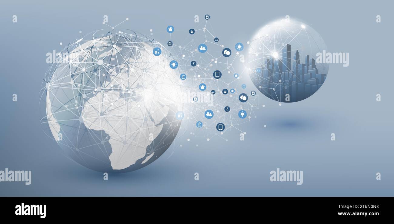 Futuristic Smart City, IoT and Cloud Computing Design Concept with Polygonal Mesh, Cluster ...