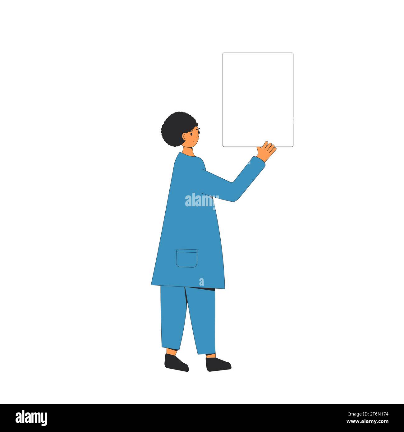 Woman holding a banner. Female person with blank, placard. Vector ...