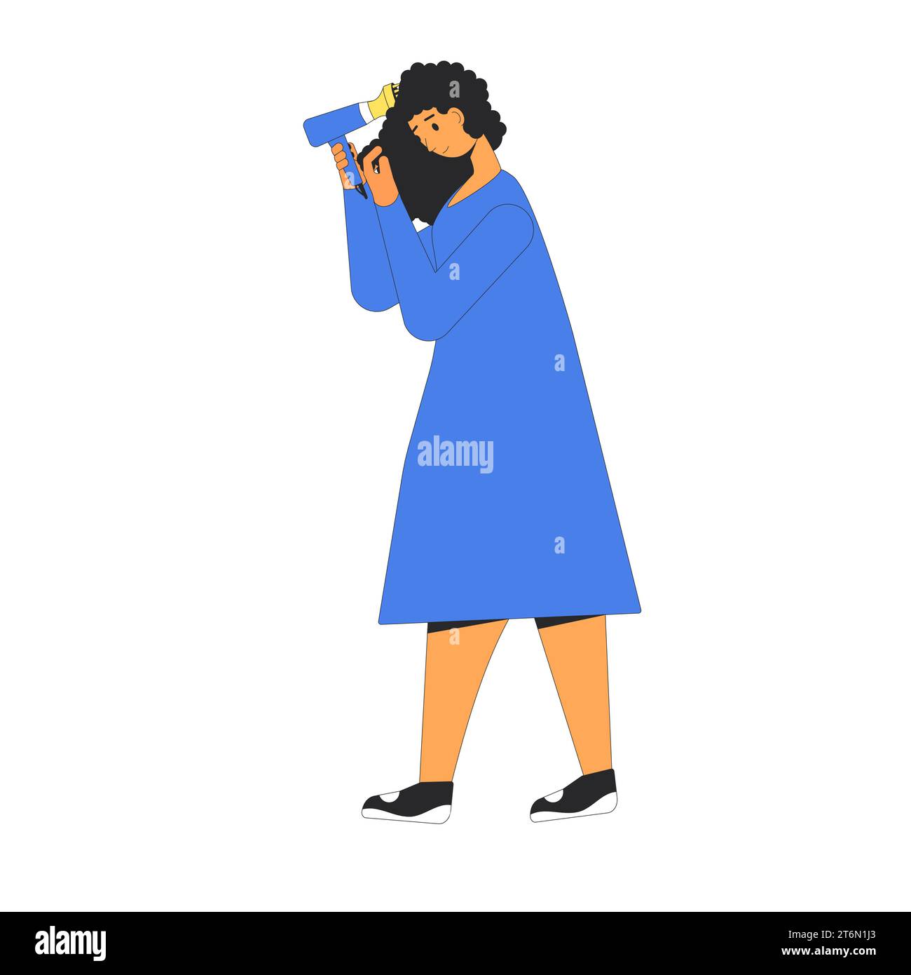 Woman blow dry curly hair. Female person standing and styling her hair ...