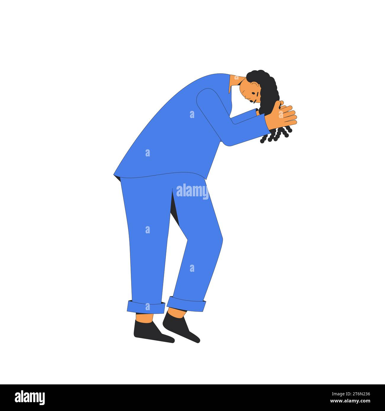 Young woman with dark curly hair. Female person standing and touching ...