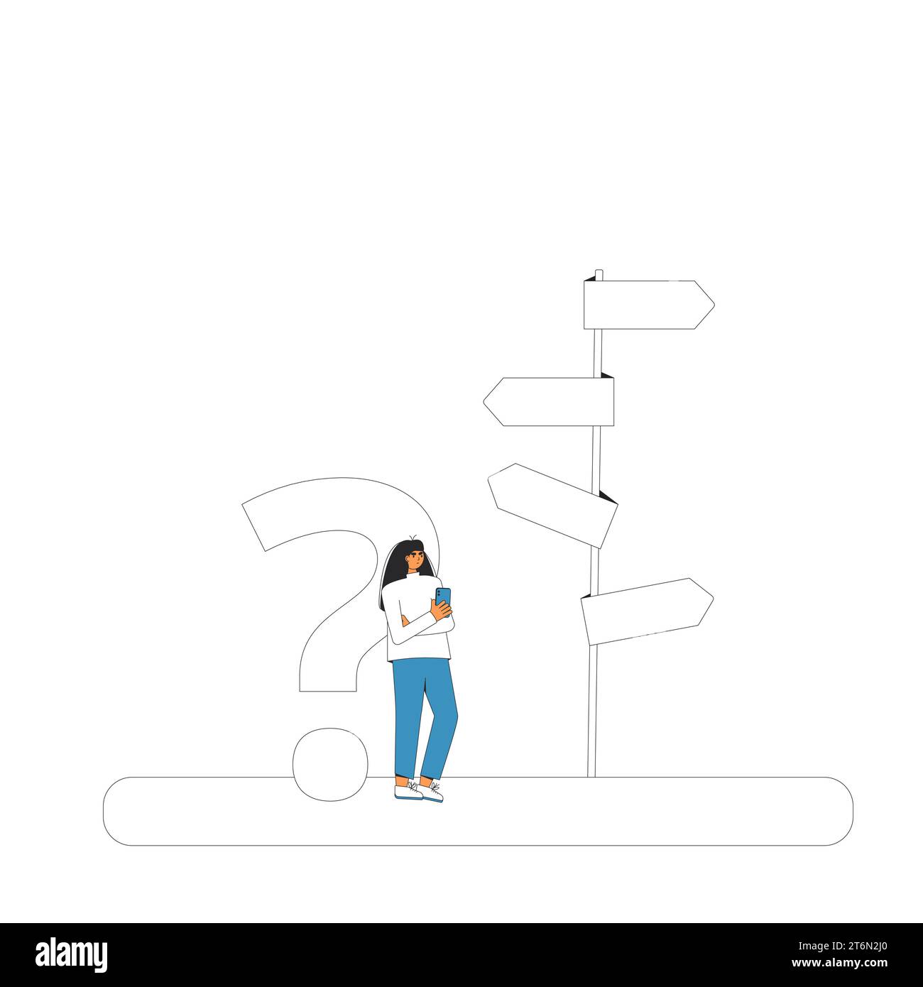 Question. Young woman standing at signpost. Confused person thinking ...