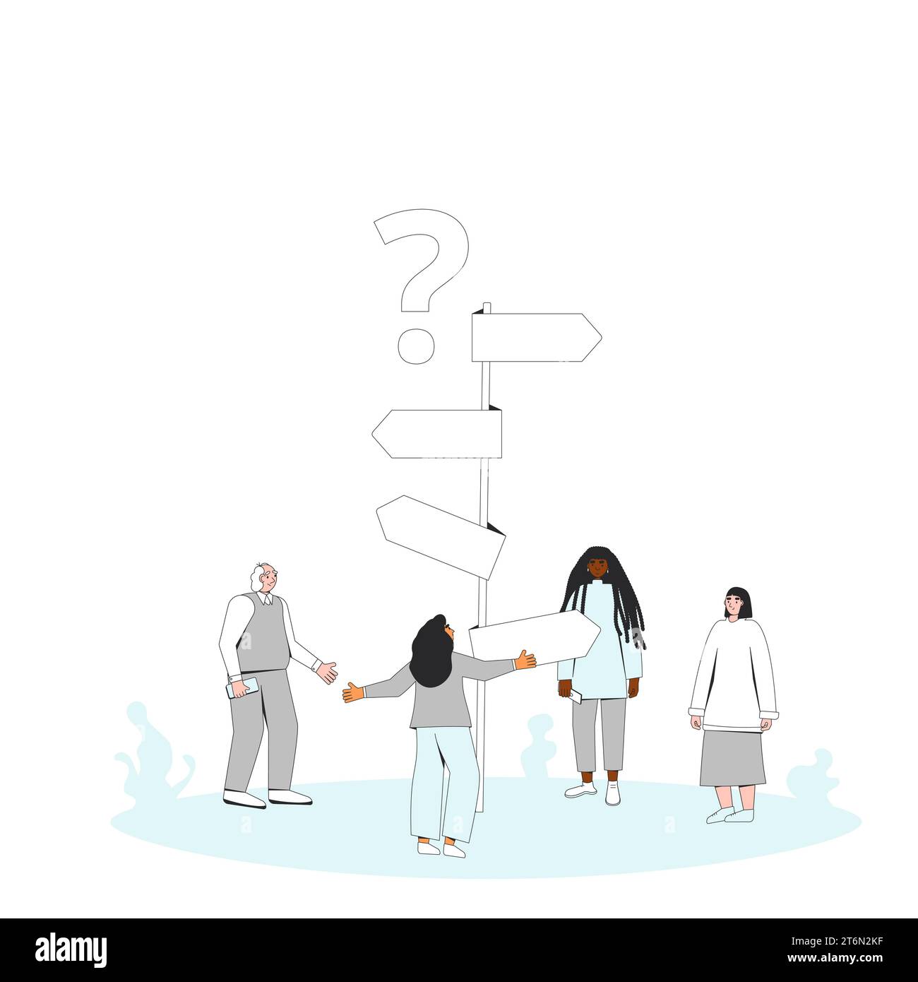 Thoughtful people standing at signpost. Confused characters thinking ...