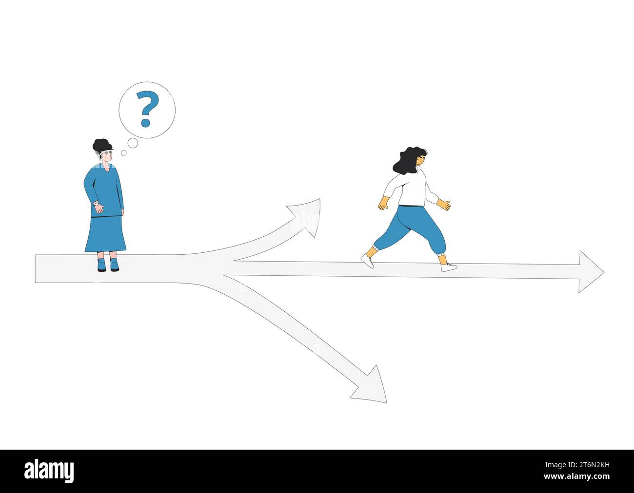 Young woman standing at crossroads. Confused person thinking about the ...