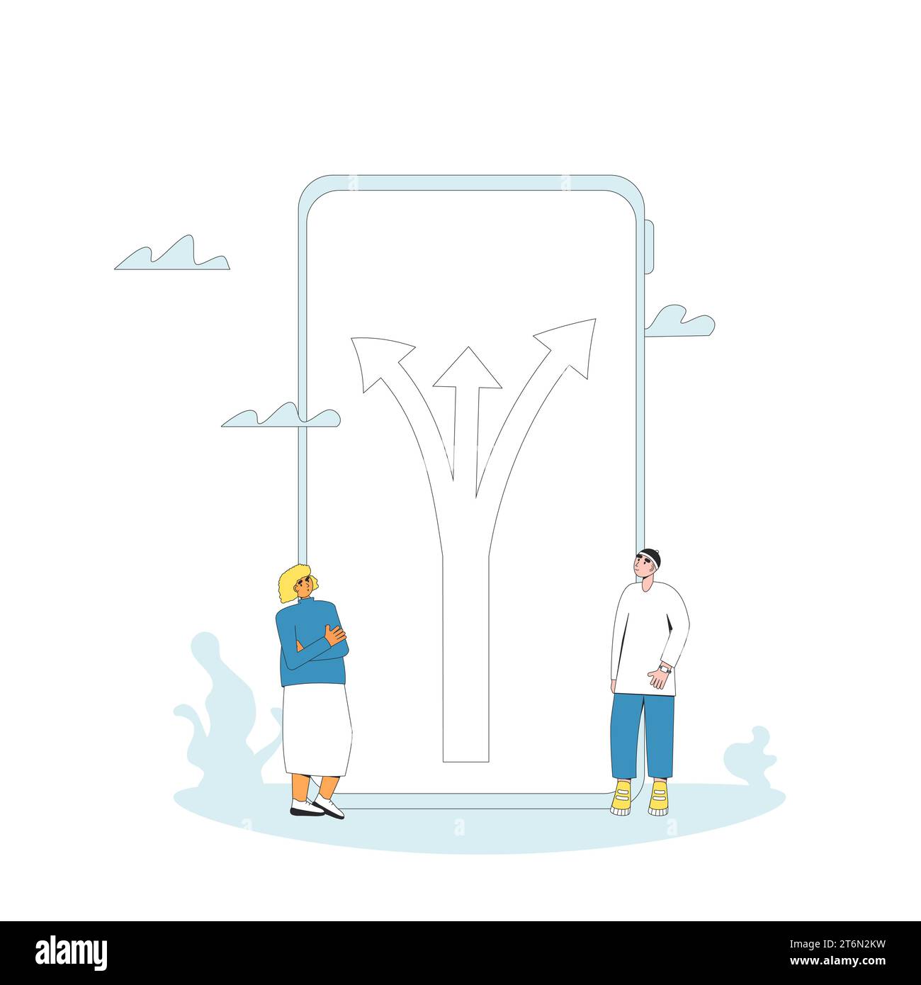 Young people standing at crossroads on phone screen. Confused teenagers ...