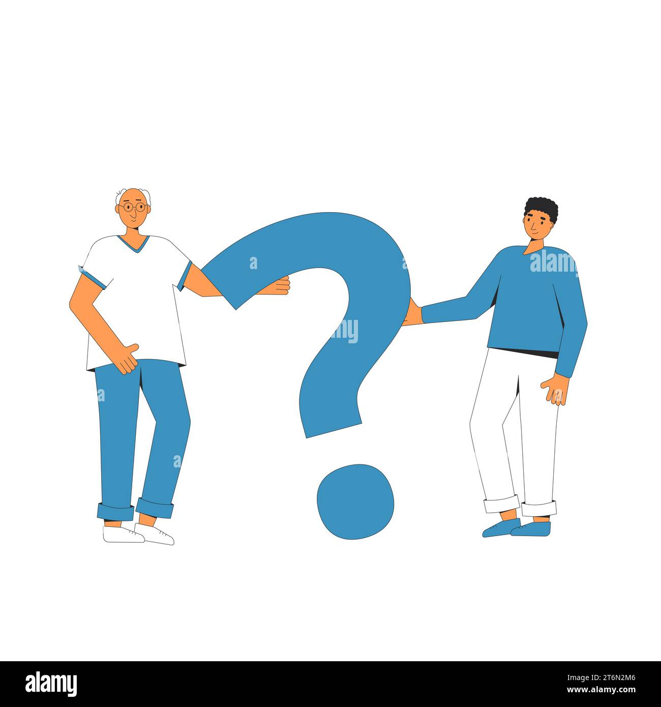 Two men holding a question mark. FAQ. Mentor and young manager. Vector ...