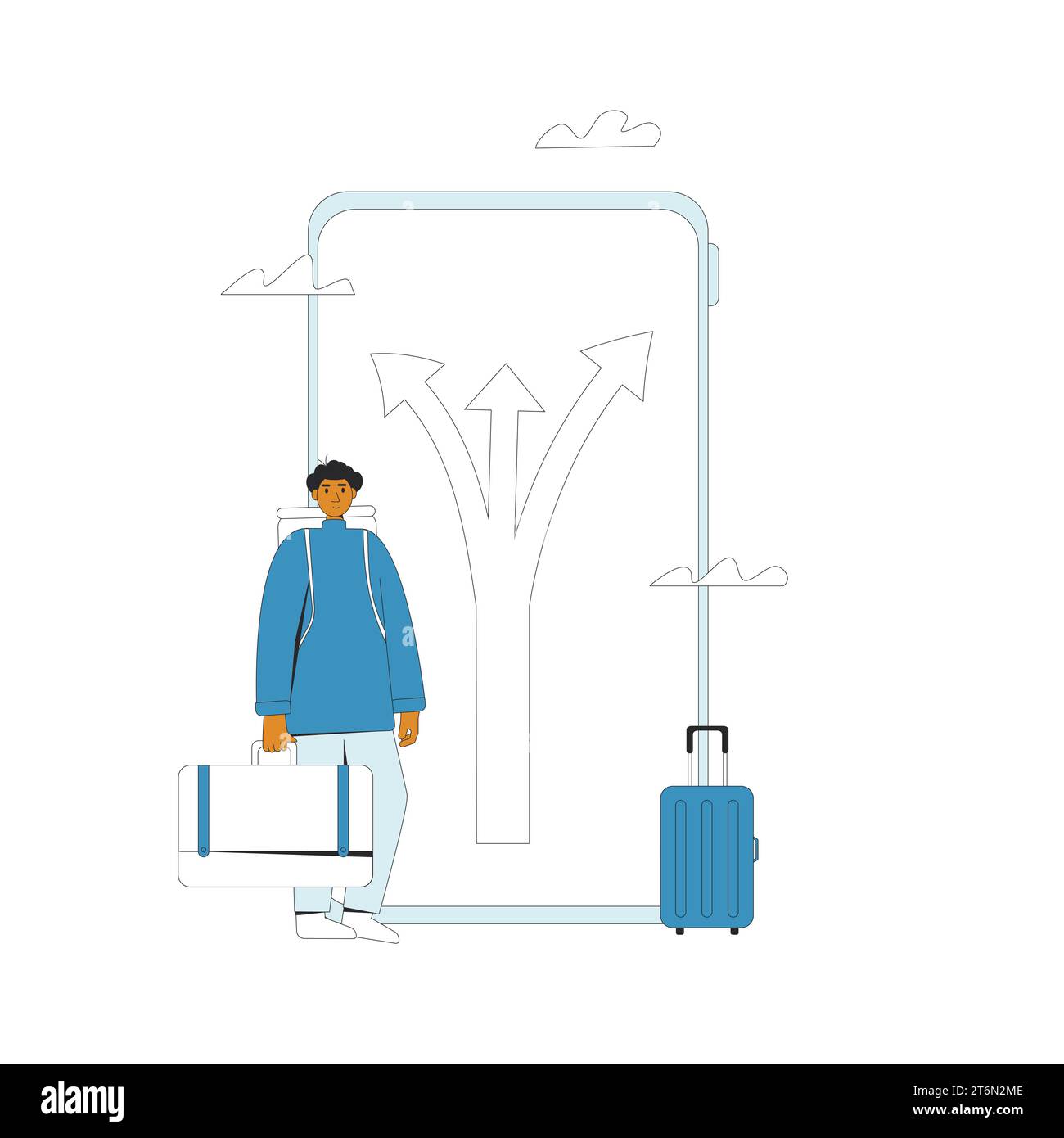 Young man standing at crossroads on phone screen. Confused person ...