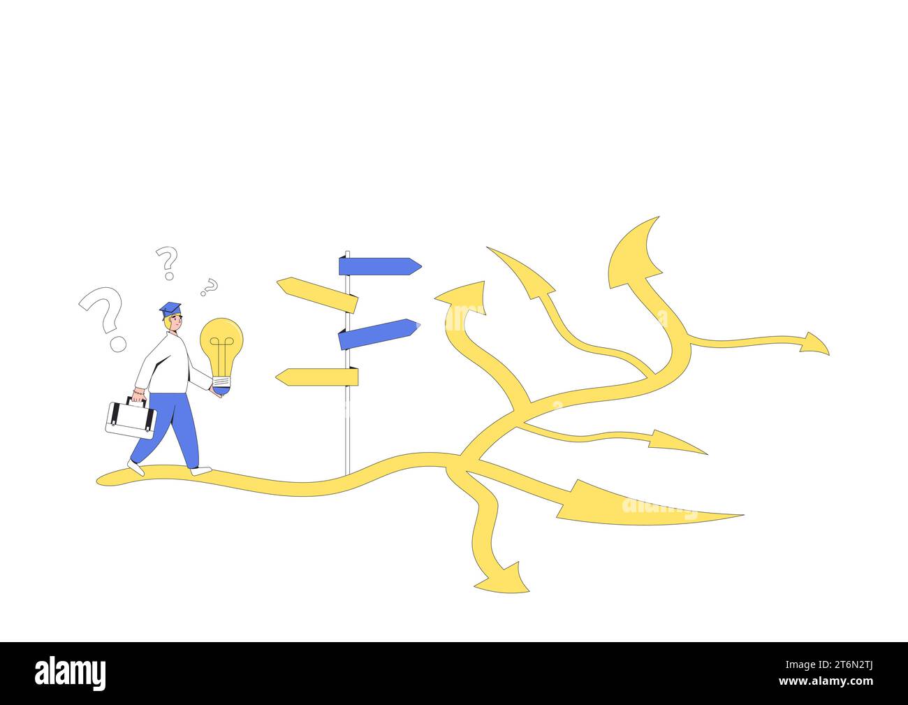 Young man standing at crossroads. Graduate looking at singpost ...