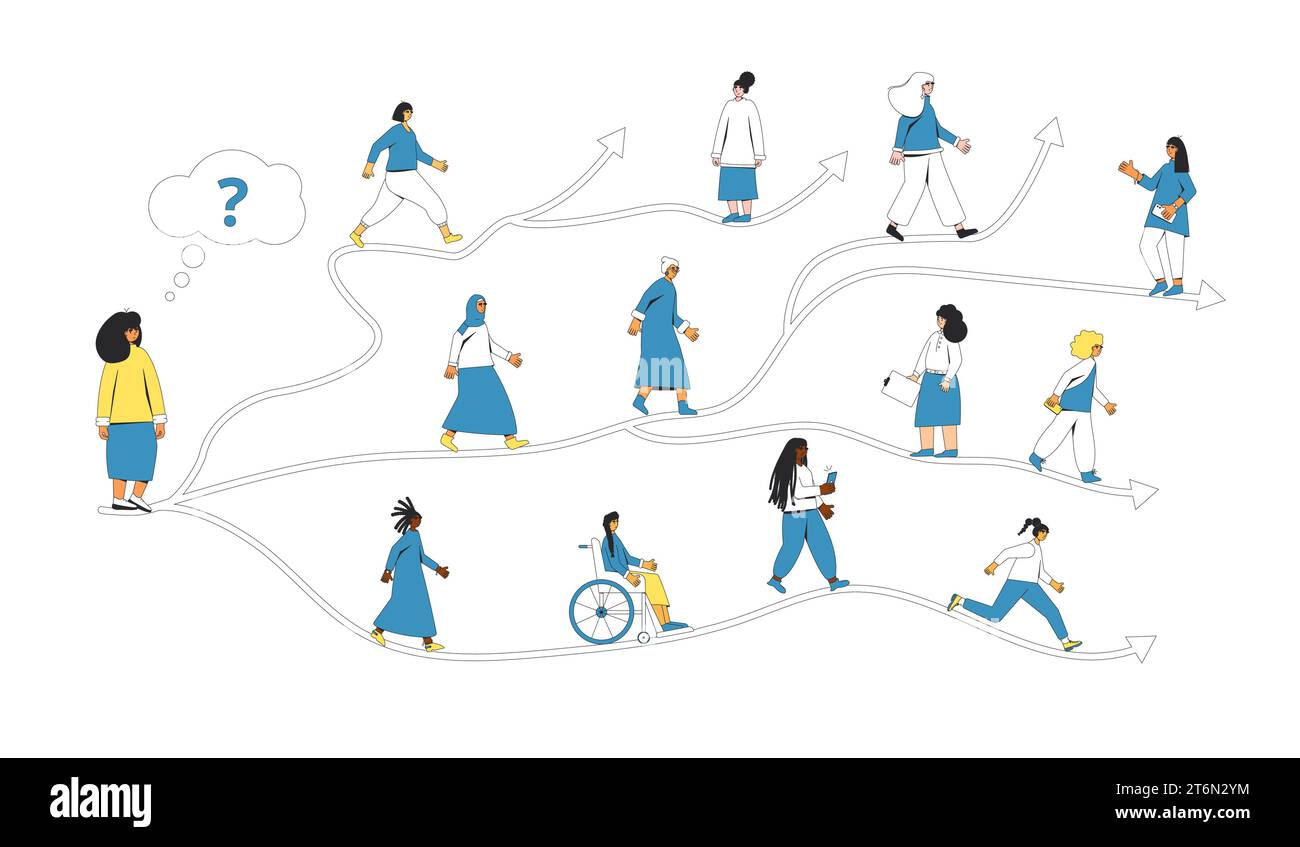 Young woman standing at crossroads. Confused person thinking about the ...