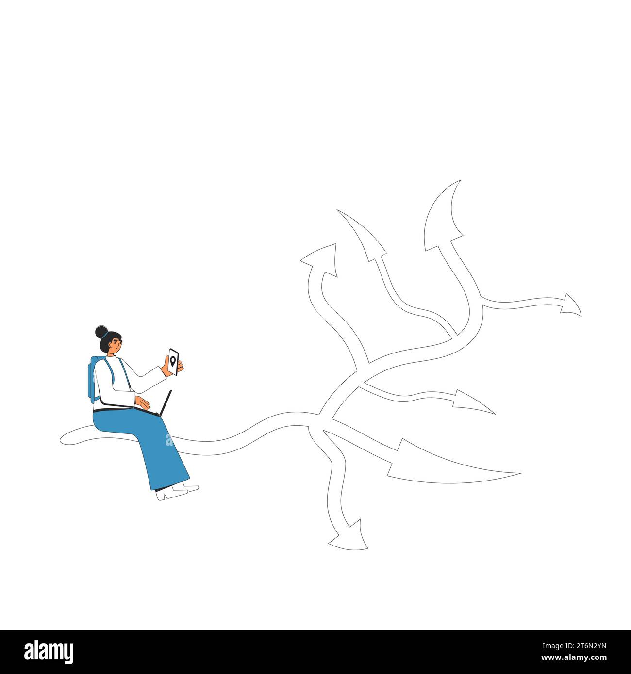 Woman sitting at crossroads symbol. Confused person thinking about the ...