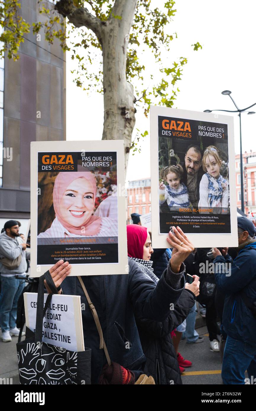 Toulouse, France. 11th Nov 2023. Two placards, Gaza des visages, Not ...