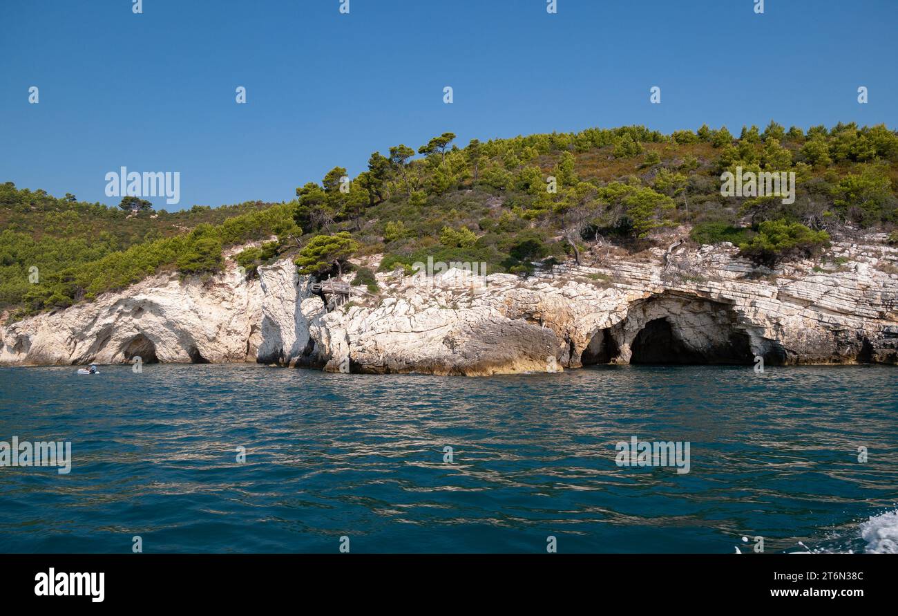 Vieste, Italy - 23 August 2023:view from the boat of the famous rock ...