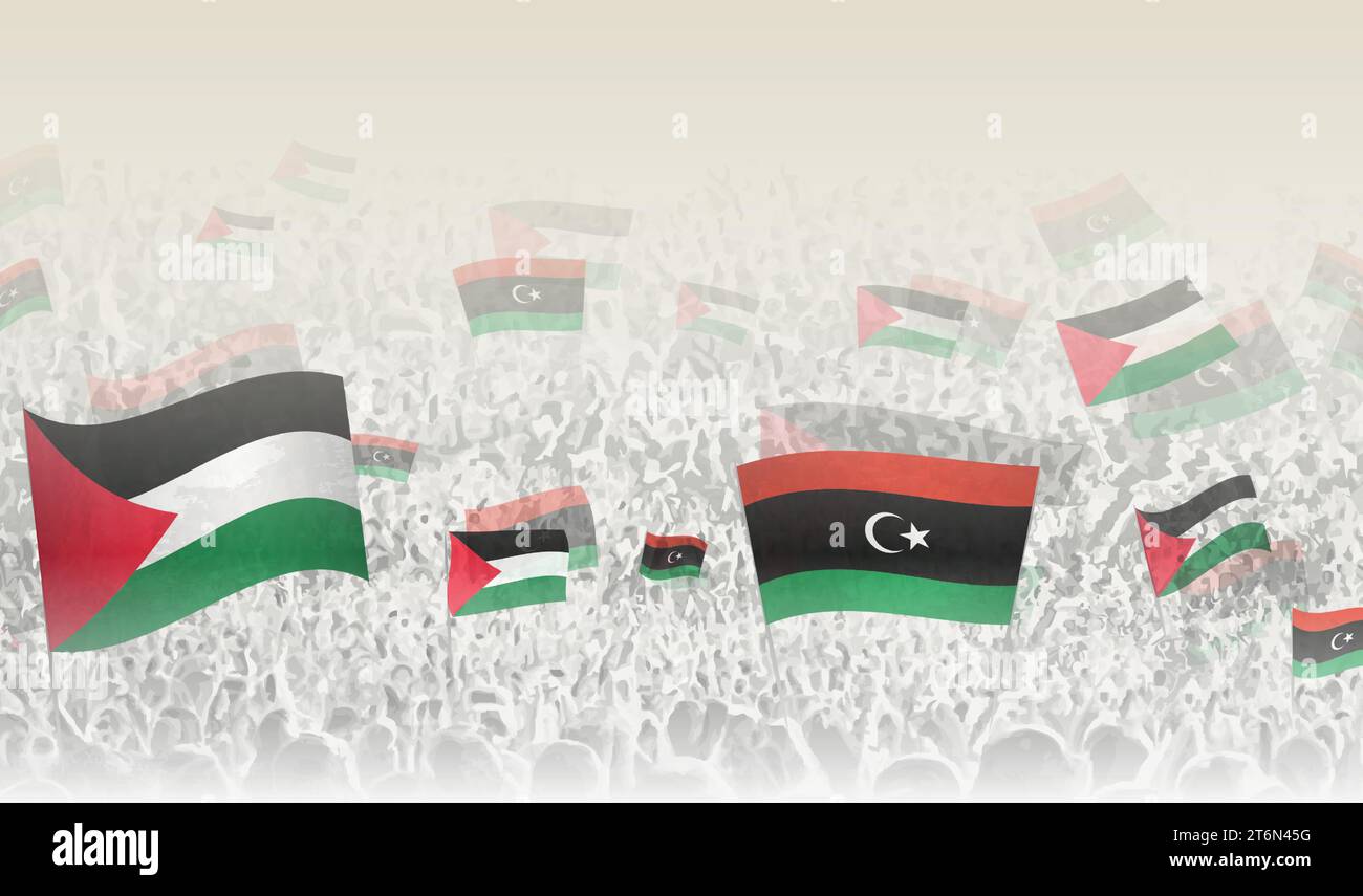 Palestine and Libya flags in a crowd of cheering people. Crowd of people with flags. Vector ...