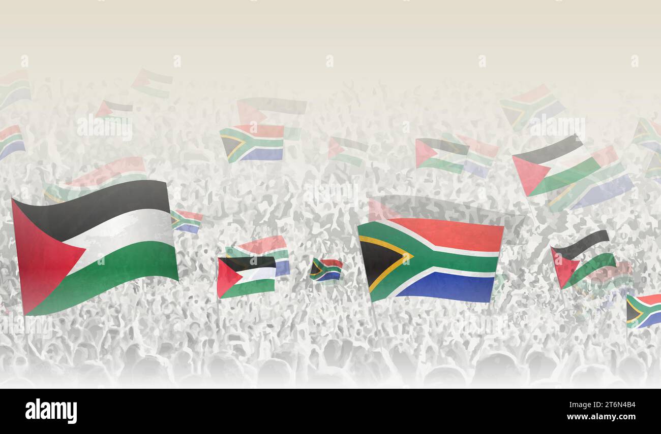 Palestine and South Africa flags in a crowd of cheering people. Crowd ...