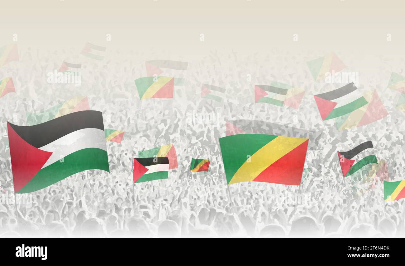 Palestine and Congo flags in a crowd of cheering people. Crowd of ...