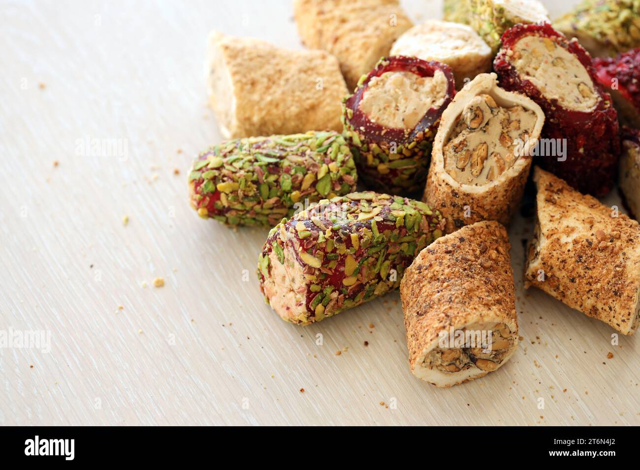 Rolls of turkish delight with different flavors and fillings close up ...