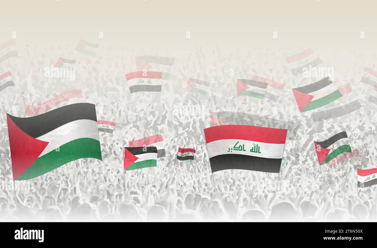 Palestine and Iraq flags in a crowd of cheering people. Crowd of people ...