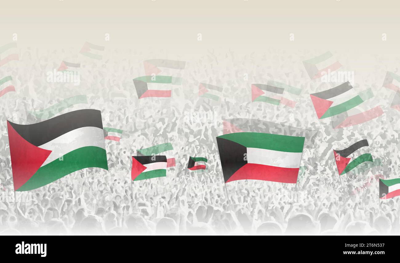 Palestine and Kuwait flags in a crowd of cheering people. Crowd of ...