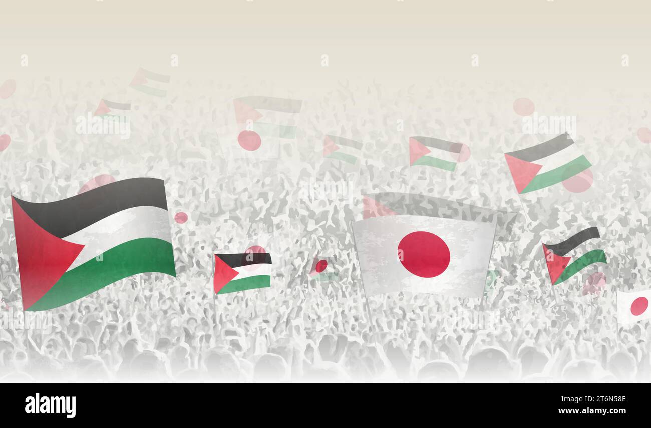 Palestine and Japan flags in a crowd of cheering people. Crowd of ...