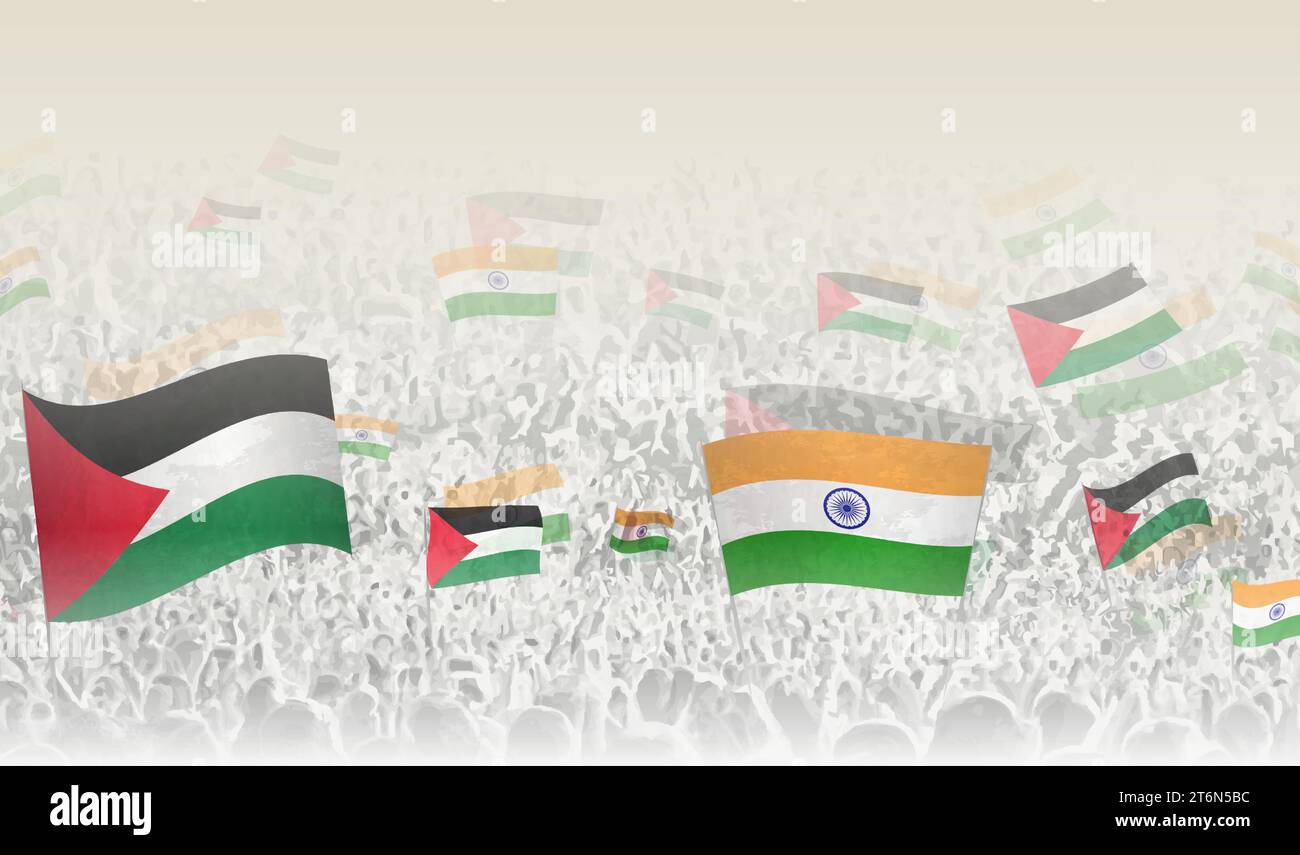 Palestine and India flags in a crowd of cheering people. Crowd of ...