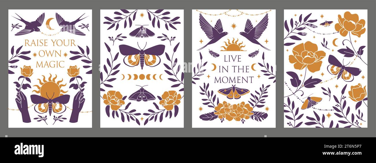 Boho posters. Swallow birds, magic bohemian vibe, butterfly and flowers ...