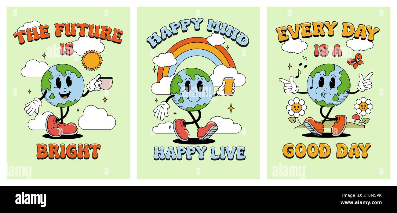 Retro earth, vintage psychedelic flowers, groovy 70s poster or funny ...