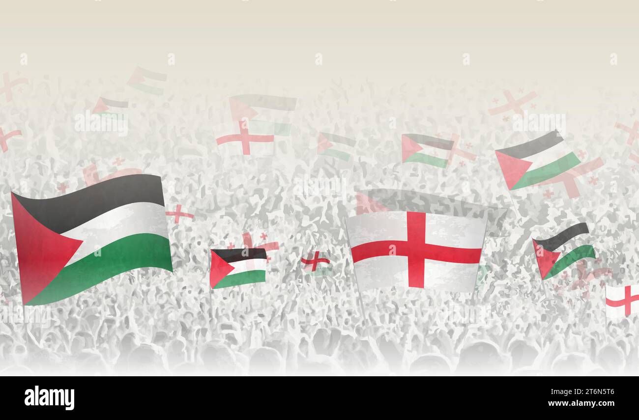 Palestine and England flags in a crowd of cheering people. Crowd of ...