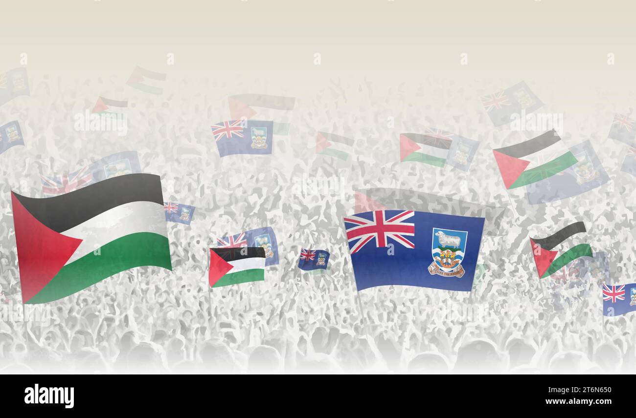 Palestine and Falkland Islands flags in a crowd of cheering people ...