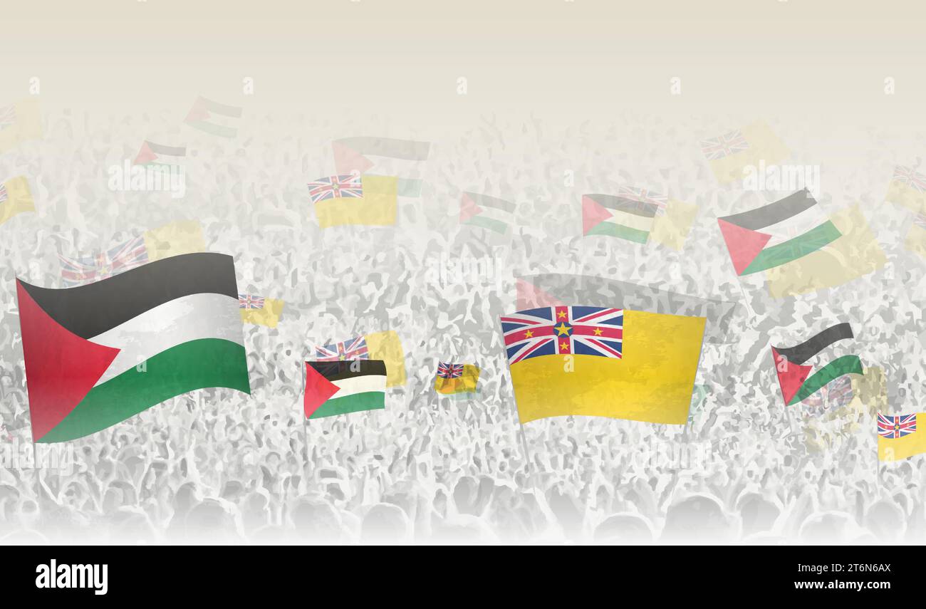 Palestine and Niue flags in a crowd of cheering people. Crowd of people ...