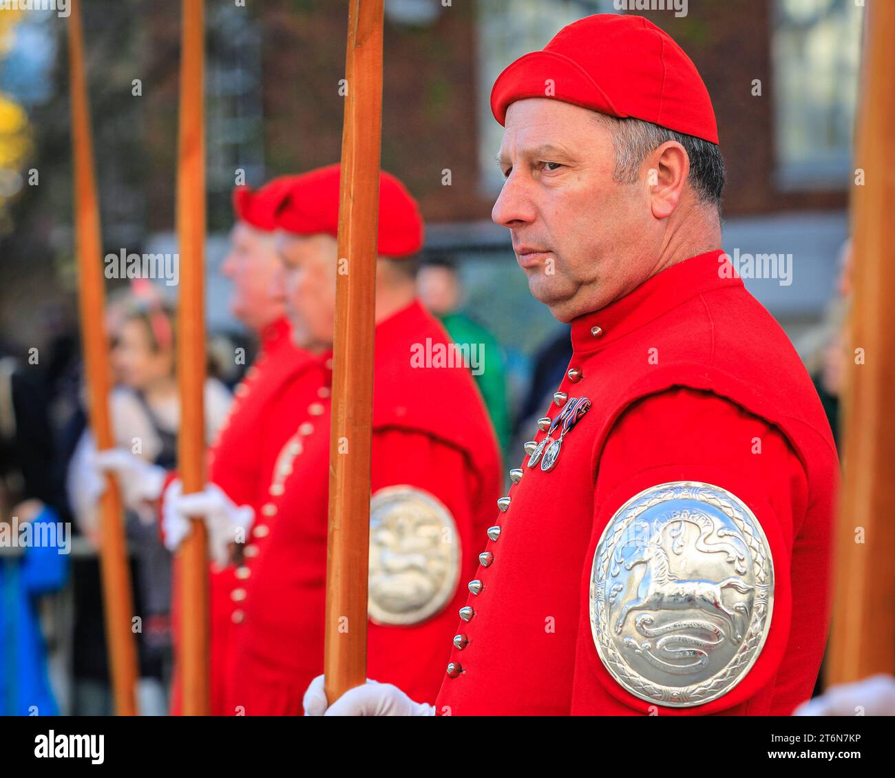 London, UK 11th Nov 2023. The watermen of the Queen's rowbarge Gloriana ...