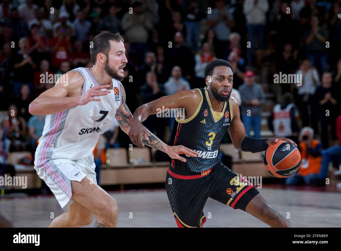 Monaco player #3 Jordan Loyd and Asvel player #7 Joffrey Lauvergne are ...