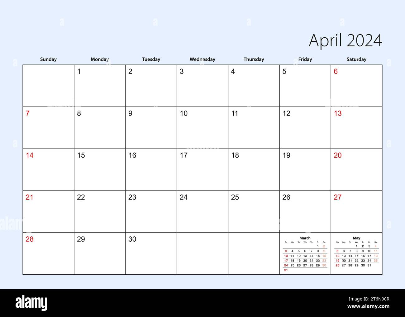 Wall calendar planner for April 2024. English language, week starts ...