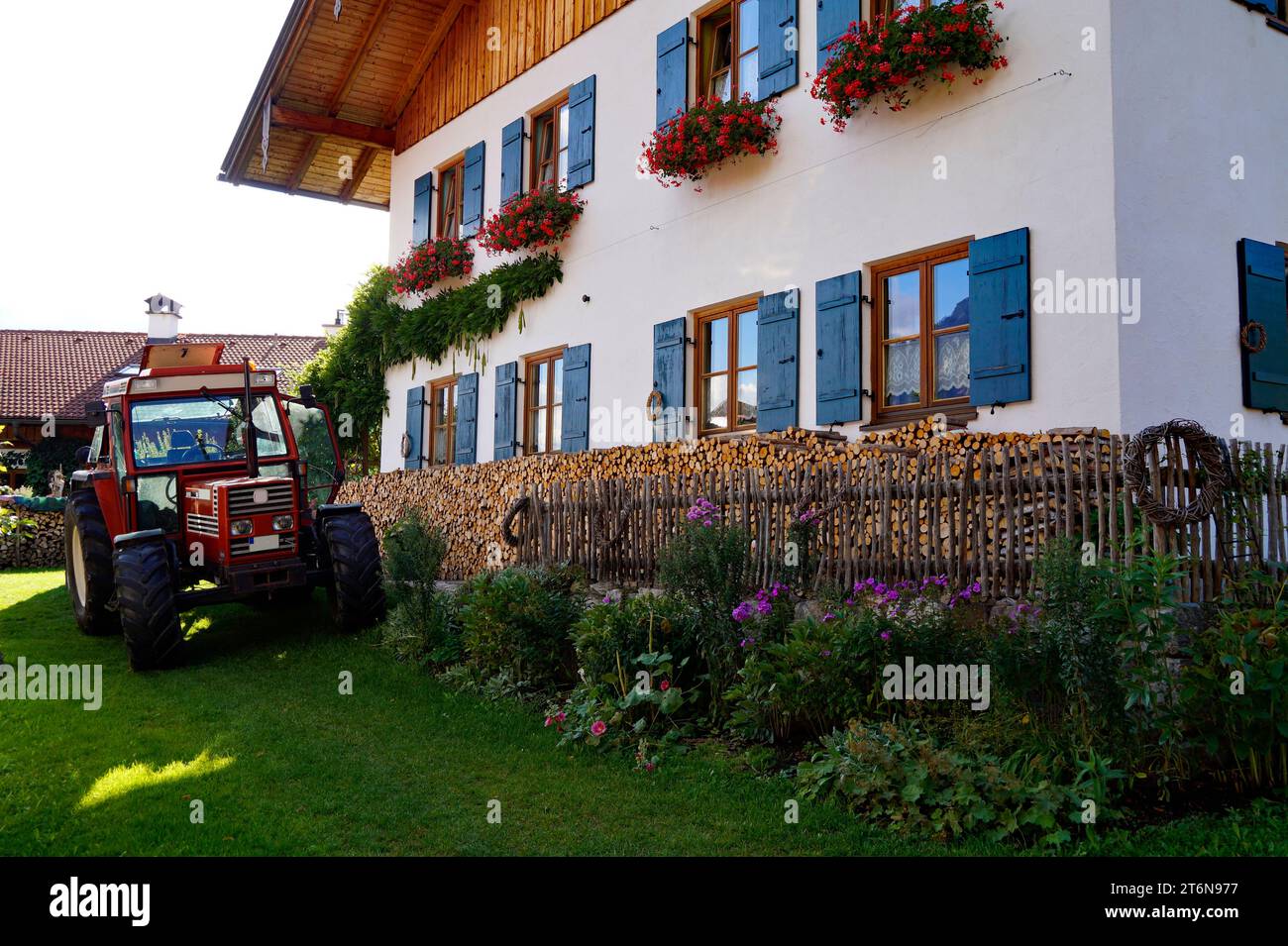 idyllic scene with a traditional Bavarian rustic alpine farmhouse with ...