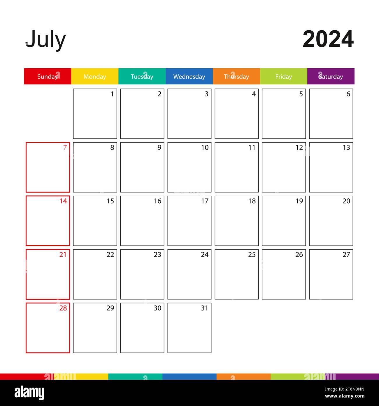 July 2024 colorful wall calendar, week starts on Sunday. 2024 Calendar ...