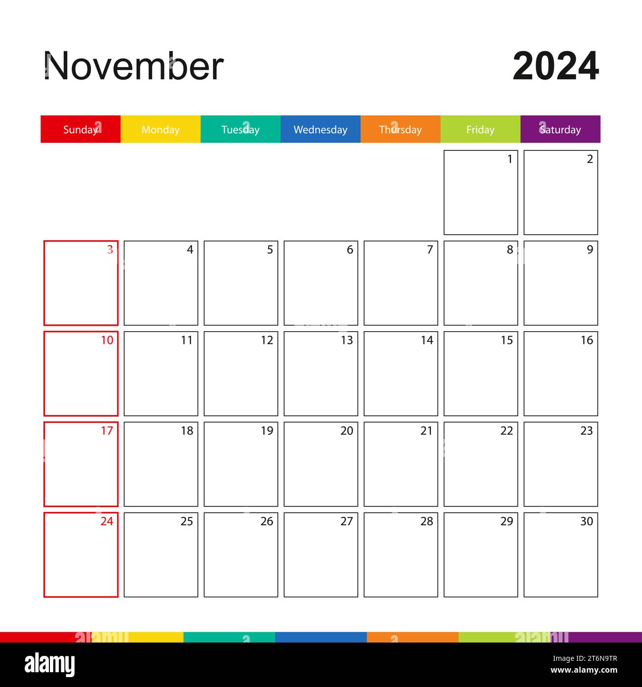 November 2024 colorful wall calendar, week starts on Sunday. 2024 ...