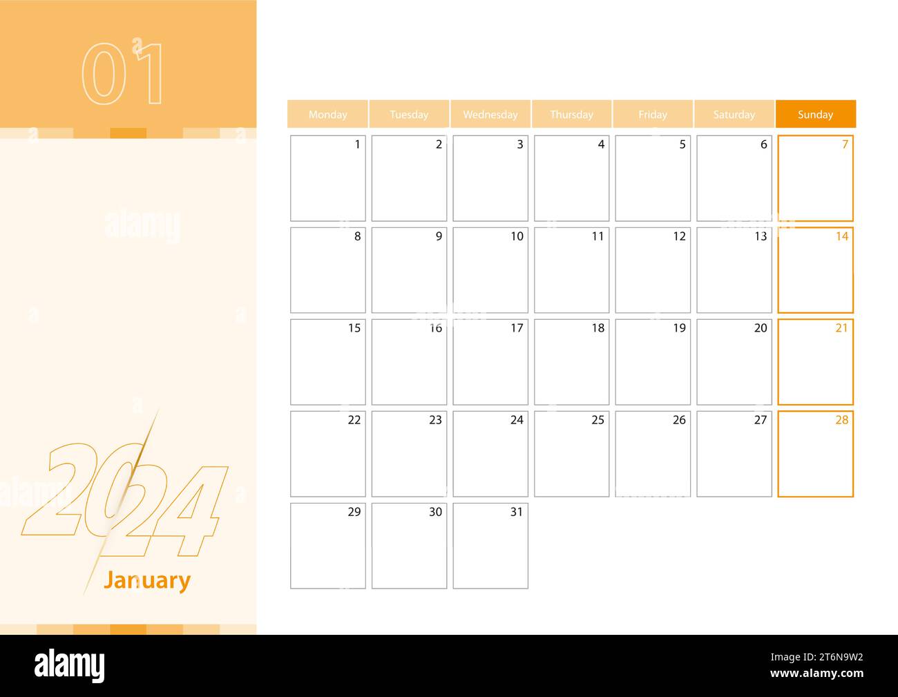 Horizontal planner for January 2024 in the orange color scheme. The ...