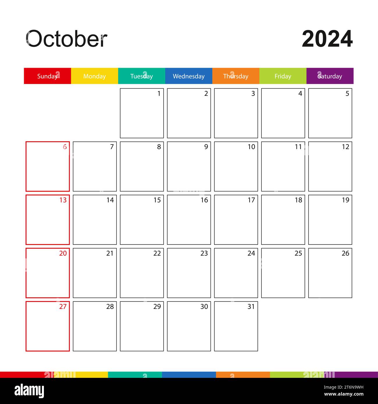 October 2024 colorful wall calendar, week starts on Sunday. 2024 ...