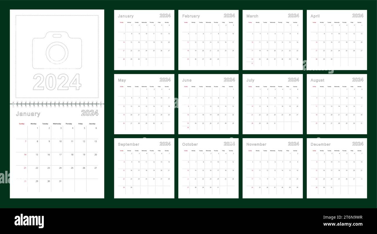 Simple wall calendar 2024 year with dotted lines. The calendar is in ...