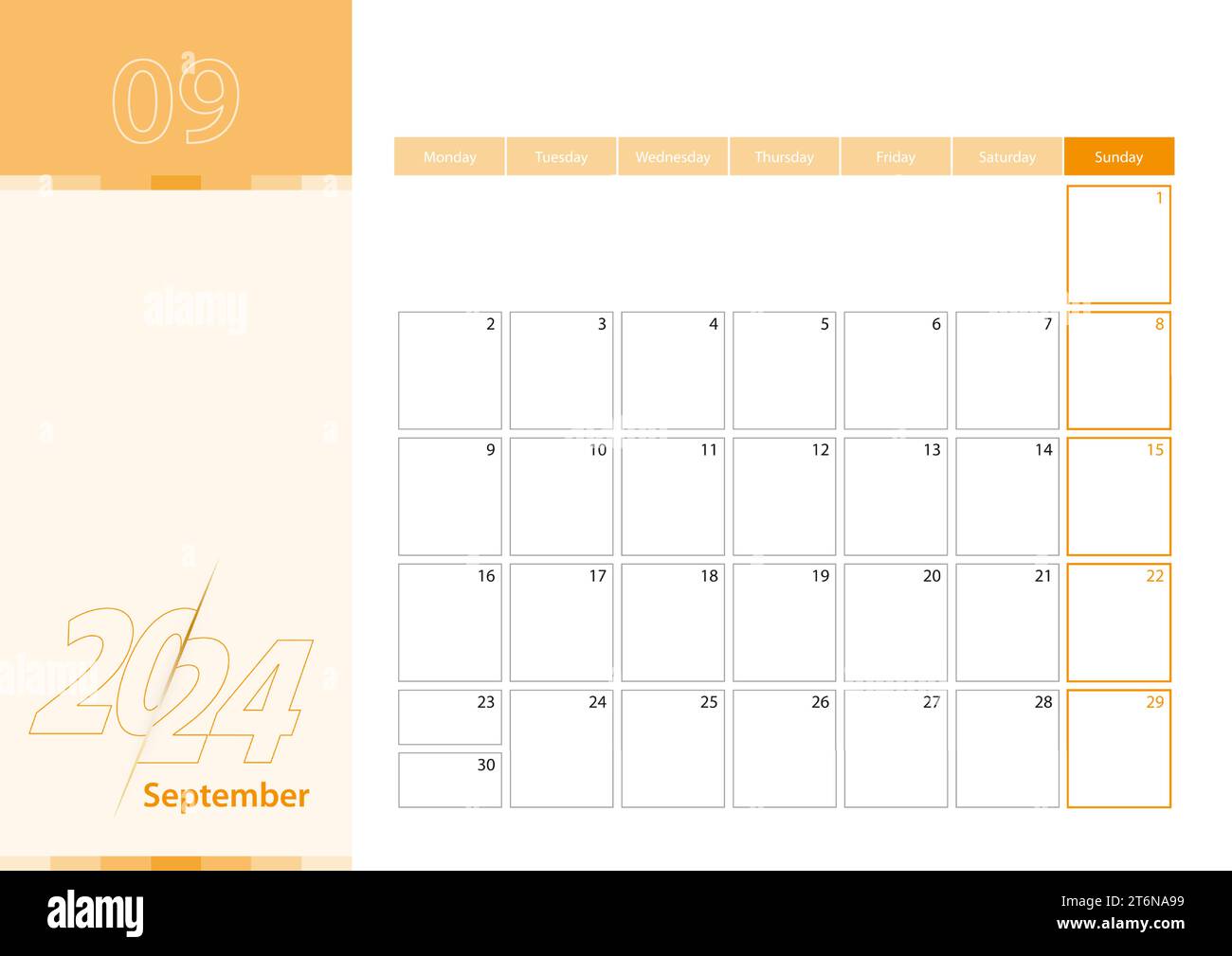 Horizontal planner for September 2024 in the orange color scheme. The ...