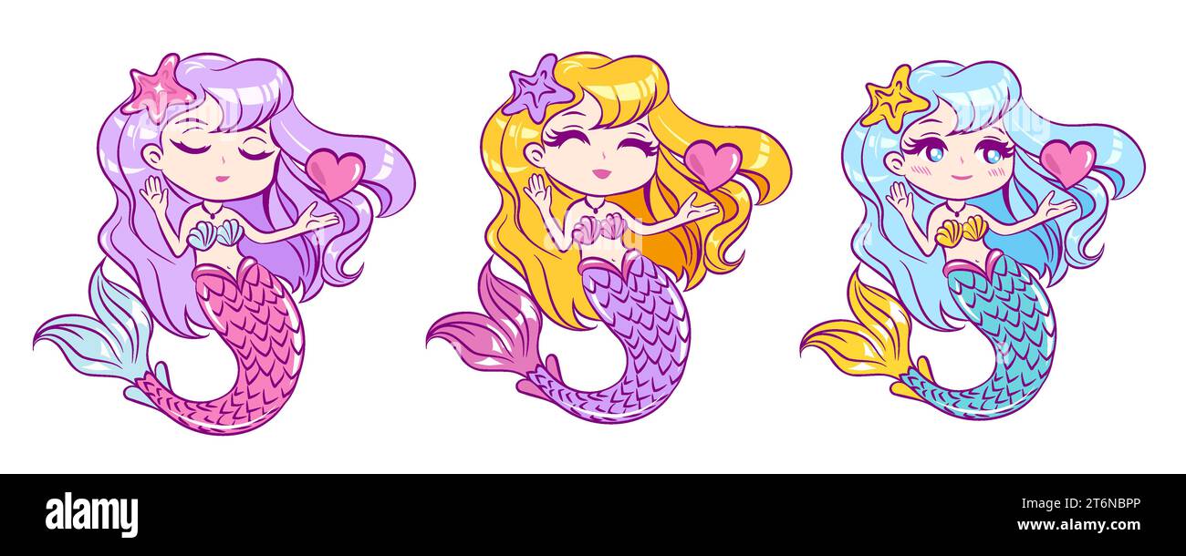 Set of cute mermaids with hearts for design on a white background. Vector illustration Stock ...