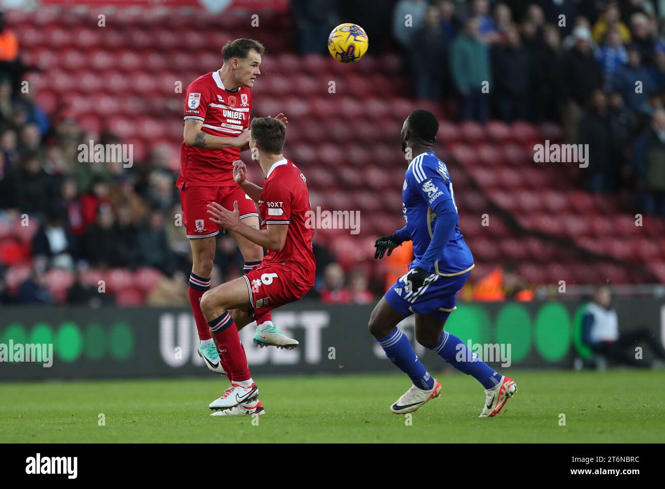 Middlesbrough's Lukas Engel wins a defensive header during the Sky Bet ...