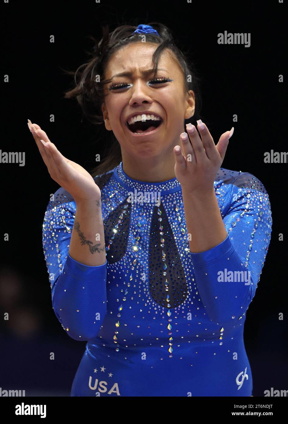 USA’s Aleah Raga reacts during the Women’s Double Mini Trampoline Final ...
