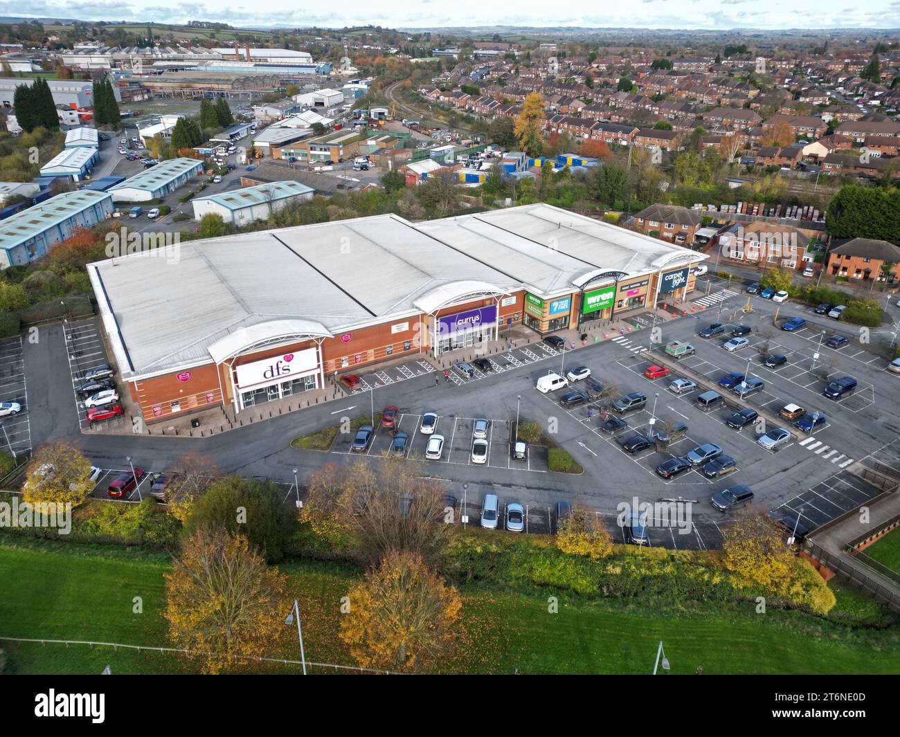 Aerial view of a retail shopping park with stores such as DFS and ...
