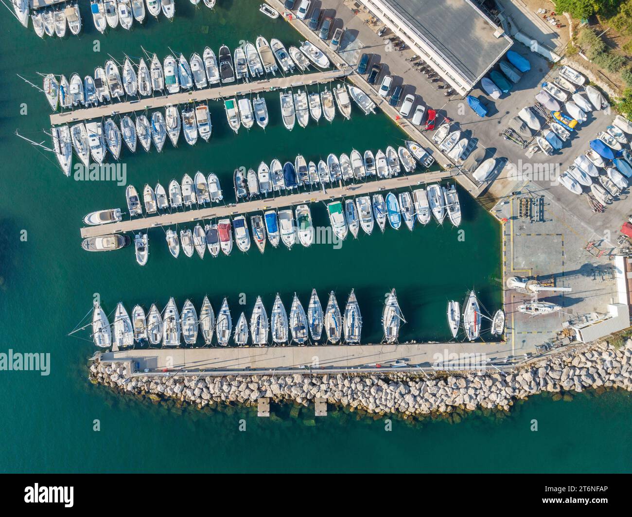 Aerial view of a colorful yacht harbour in old city of Marseilles ...