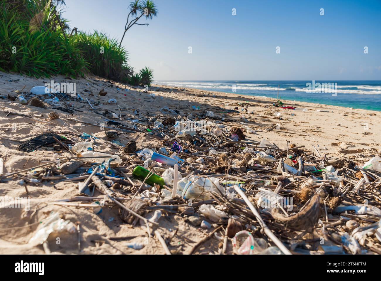 Tropical beach and plastic trash in Bali island. Pollution by plastic ...