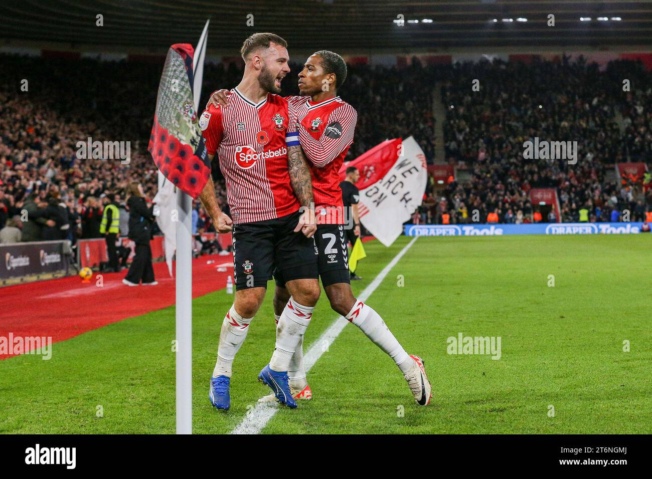 Southampton forward Adam Armstrong (9) scores a GOAL 2-1 and celebrates ...
