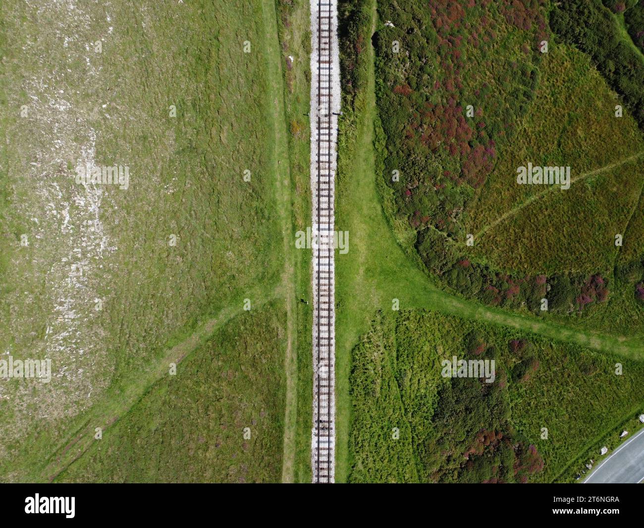 Top down aerial view of the Llandudno funicular railway track on the ...
