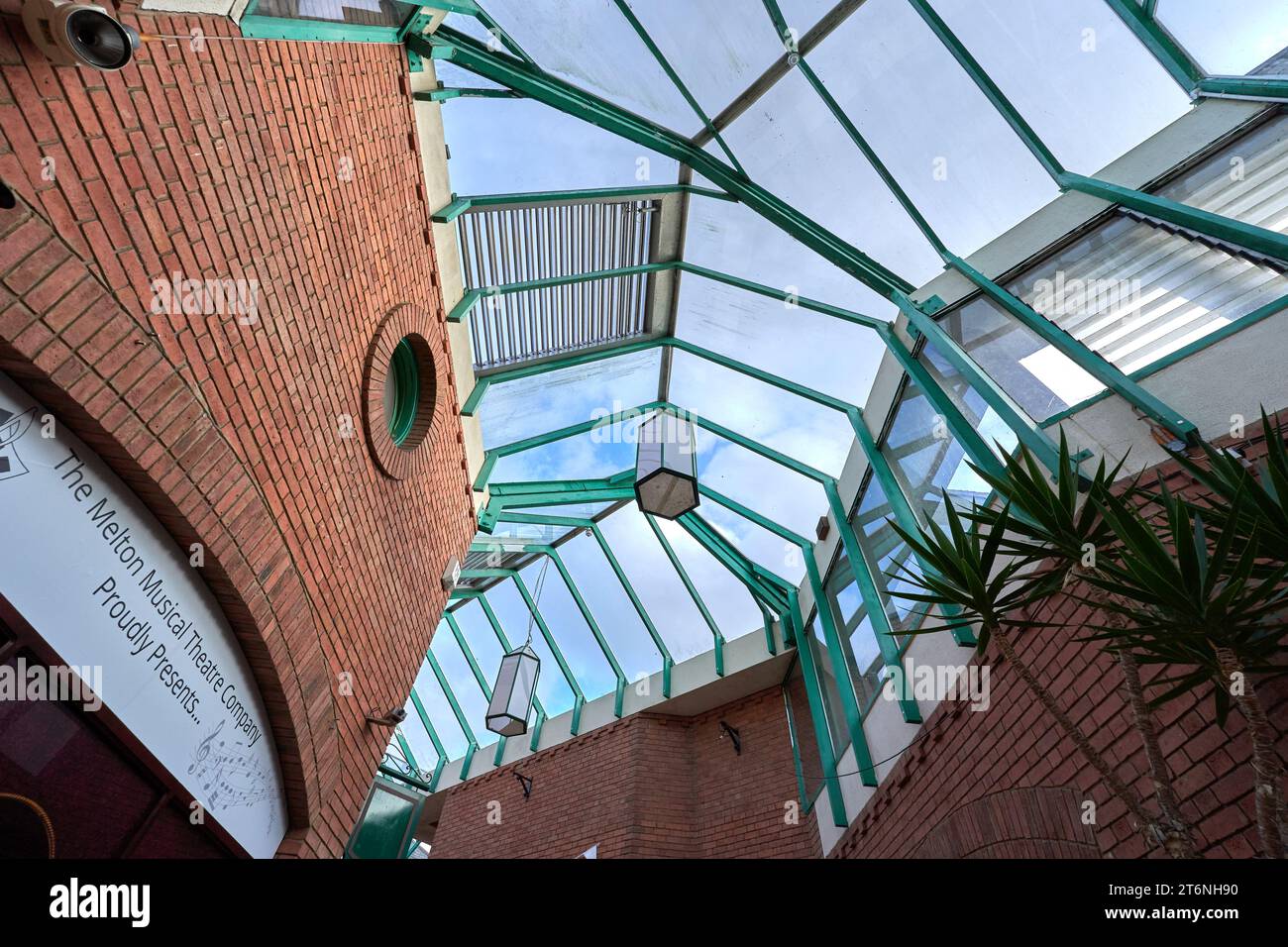 Glass roof of a shopping precinct in Melton Mowbray, Leicestershire, UK ...