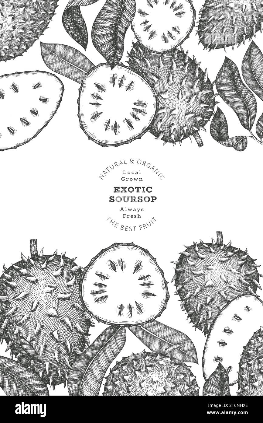 Hand drawn sketch style soursop fruit banner. Organic fresh fruit ...