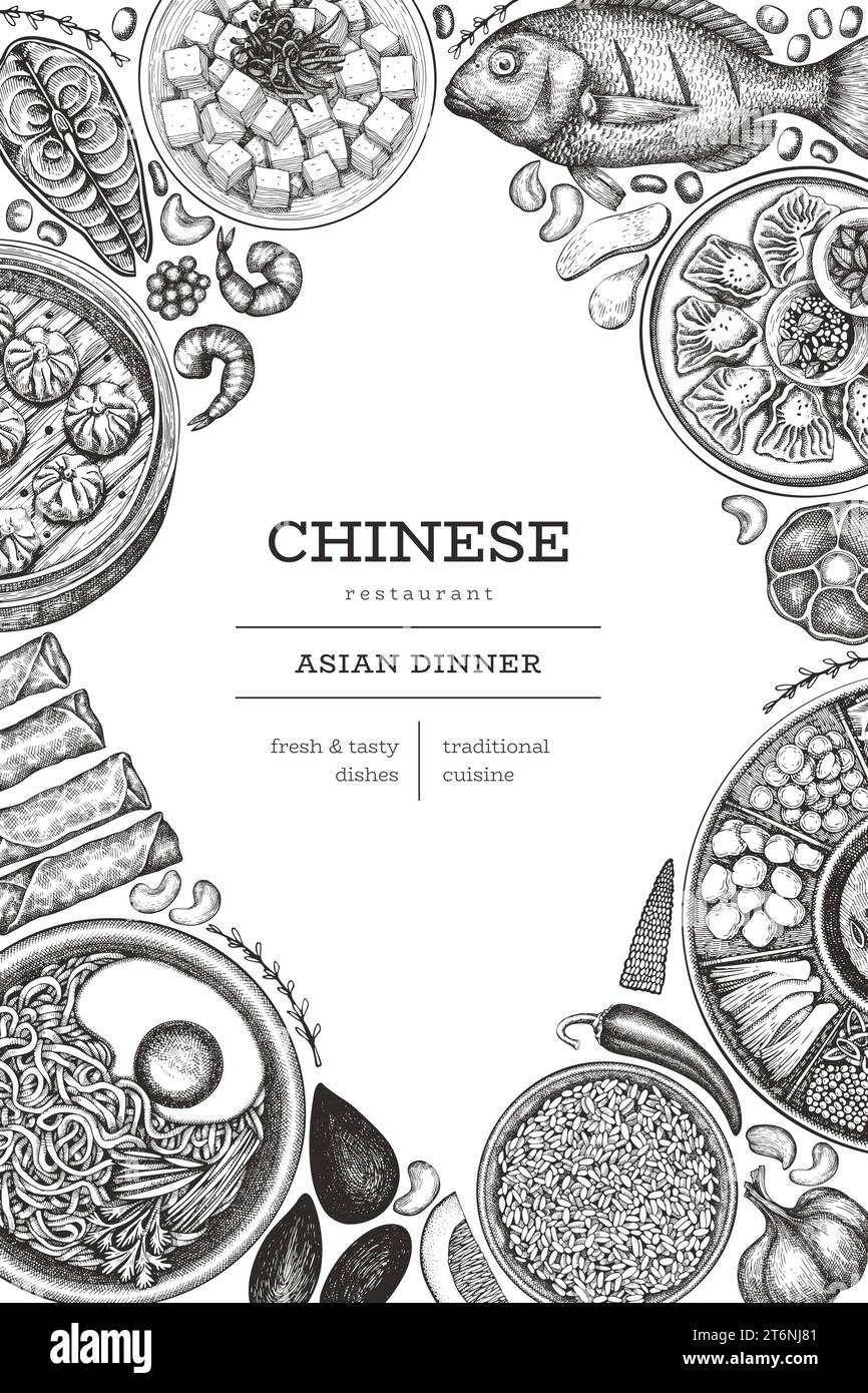 Chinese Cuisine Design Template. Vector Hand Drawn Asian Food Banner ...